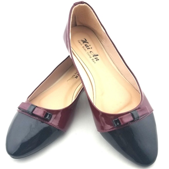 Shoes | Burgundy Black Patent Pointed Toe Flats Bow 36 | Poshmark